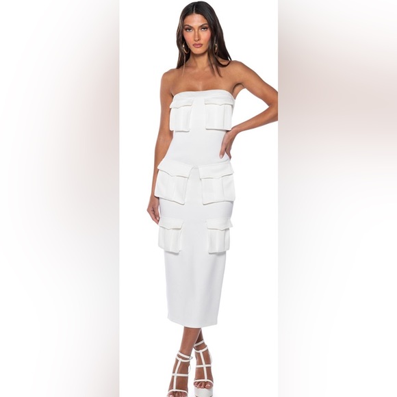 AKIRA | Dresses | Akira Utility Detail Strapless Midi Dress In White ...